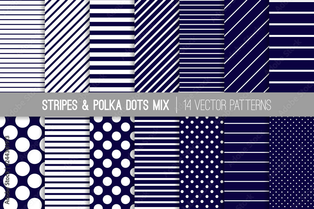 Navy Blue and White Polka Dots and Diagonal and Horizontal Stripes ...