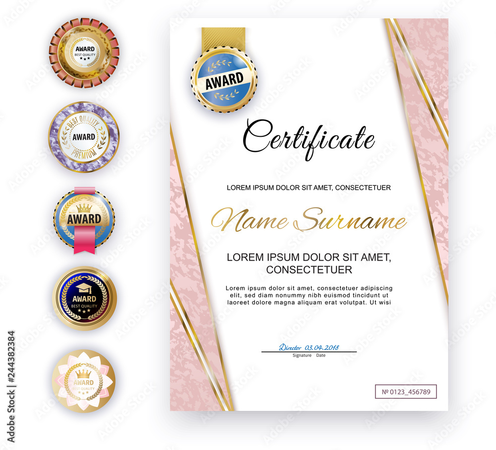 Official pink marble certificate Luxury background and set of emblems ...