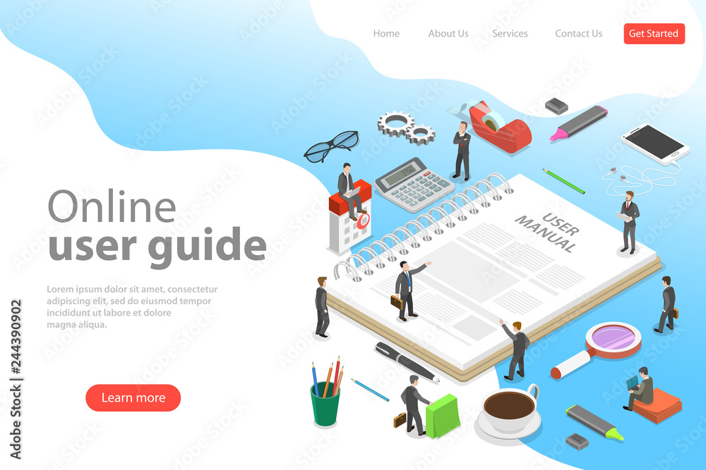 Isometric flat vector landing page template of user manual, guide ...