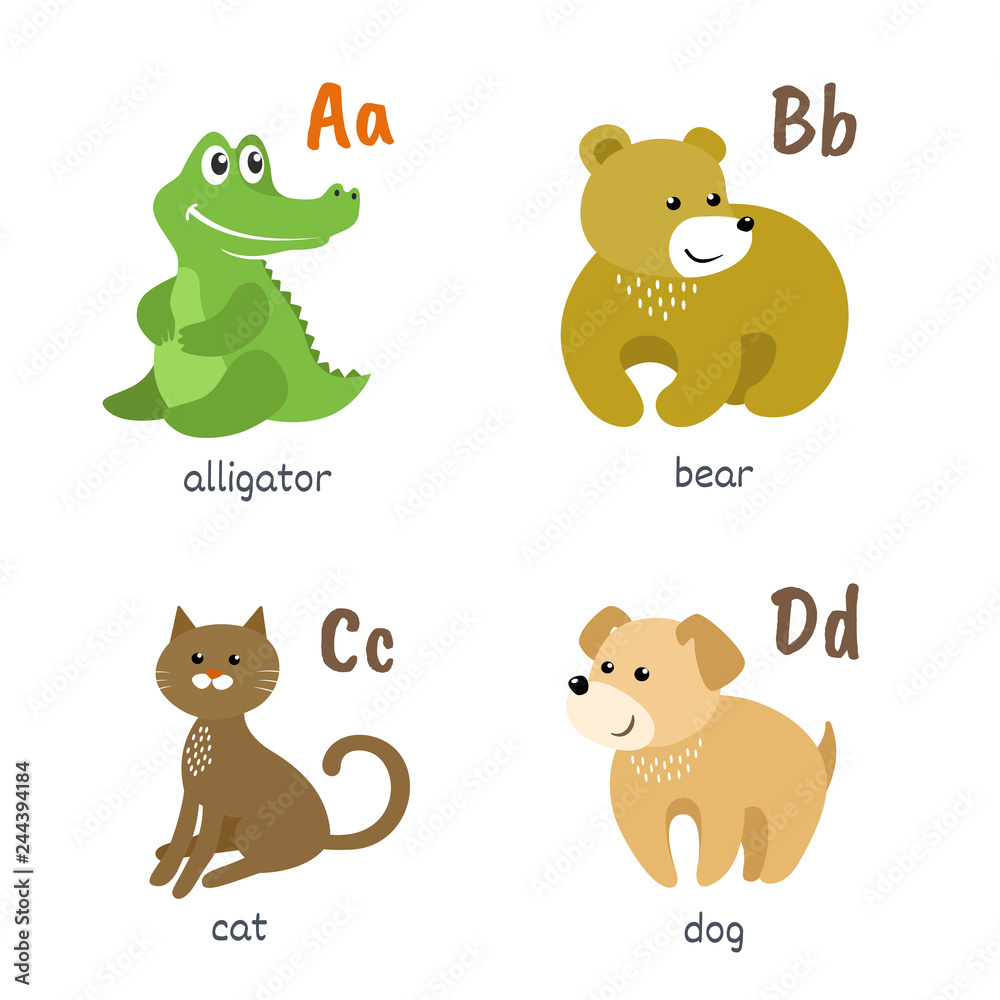 Animal alphabet with alligator bear cat dog characters Stock Vector ...