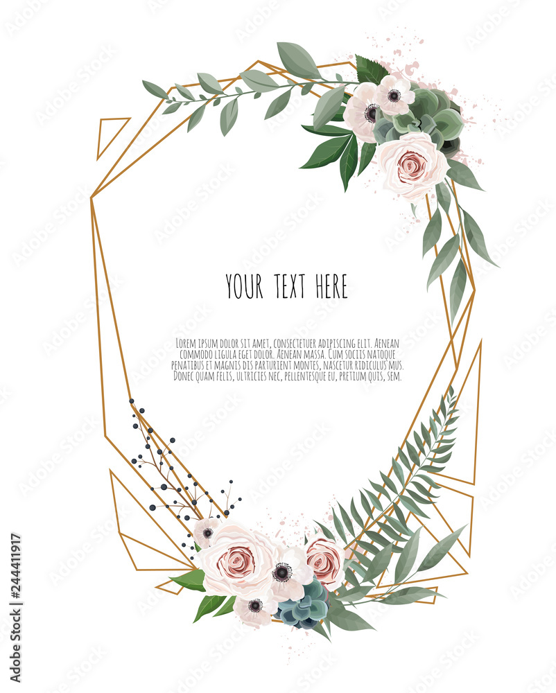 Vector floral botanical card design with leaves with golden geometrical ...