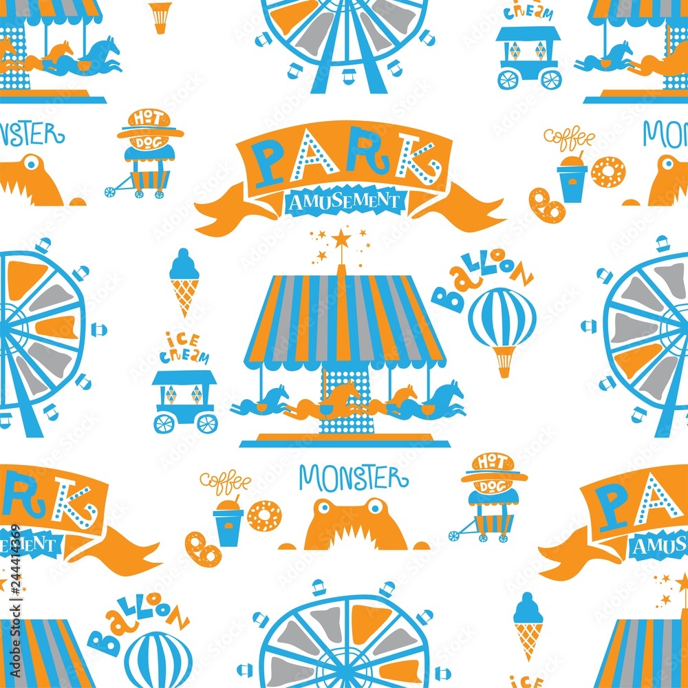 Seamless pattern Park. Attractions and pavilions with food and drinks ...