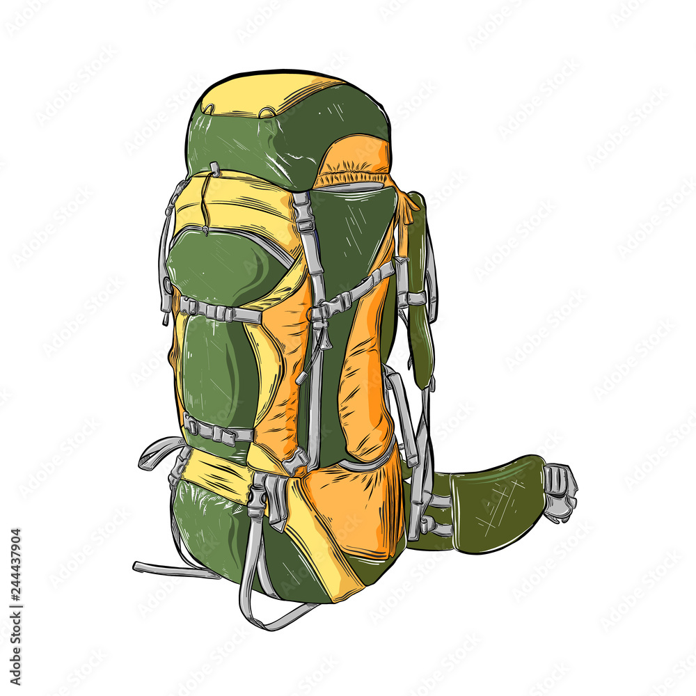 Hand drawn sketch of camping backpack in color isolated on white ...