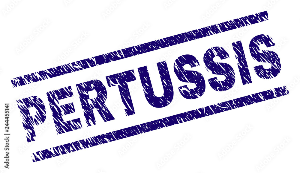 PERTUSSIS seal print with scratced style. Blue vector rubber print of ...