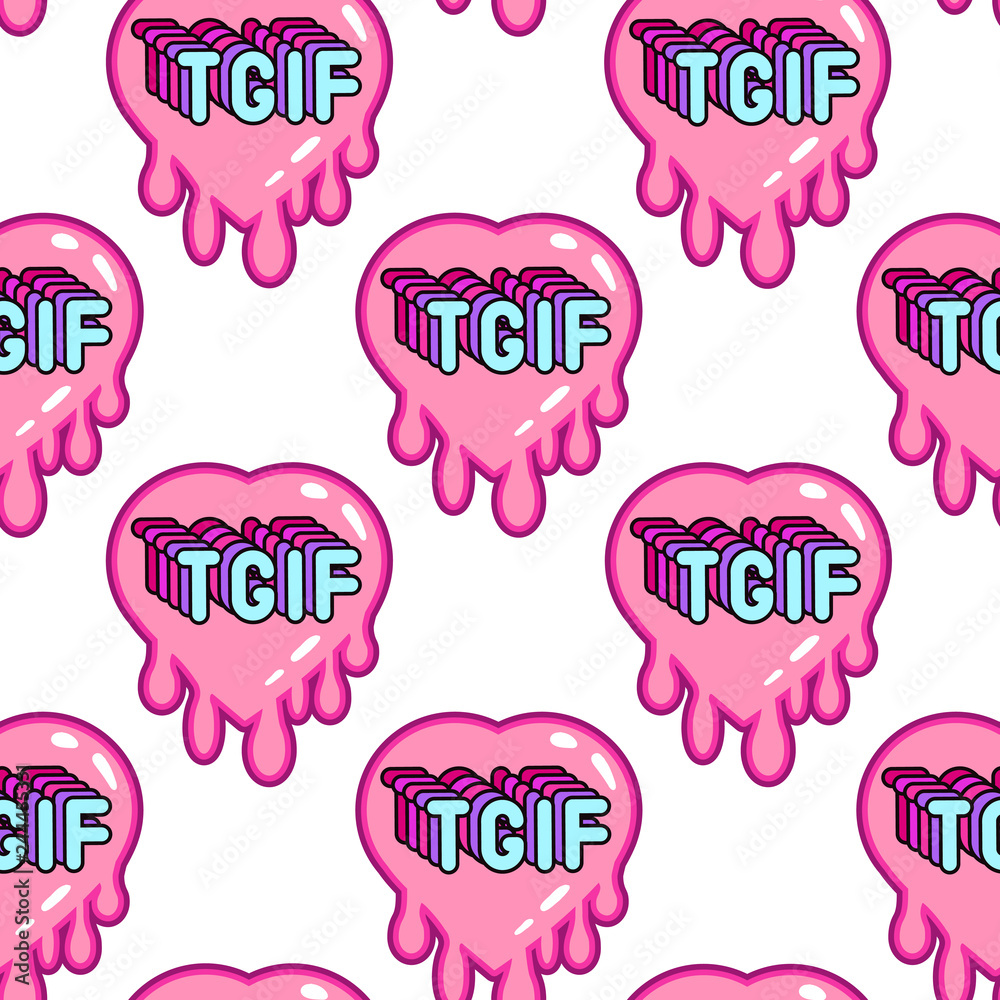 Seamless pattern with heart patches with “tgif” text (“Thank God It’s ...