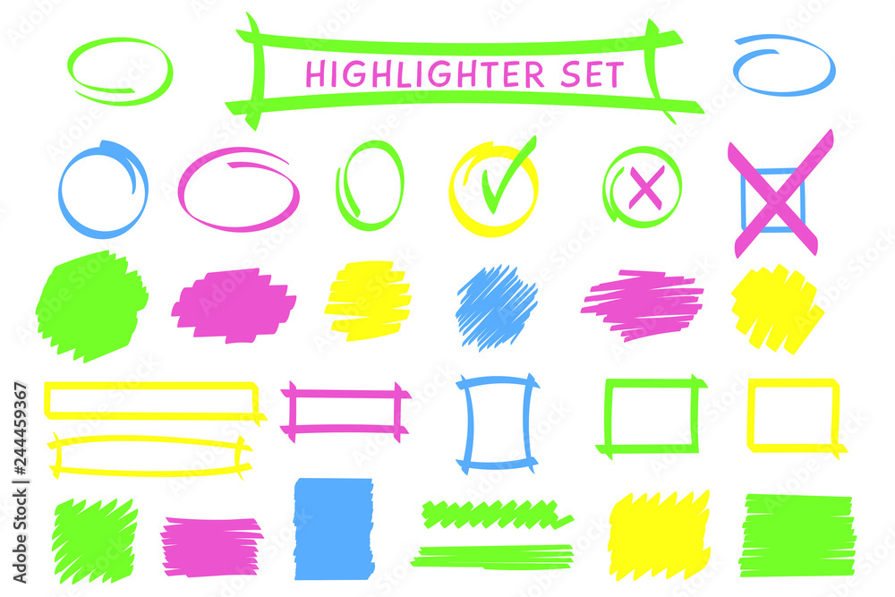 Neon highlight pen frames and scribble set vector illustration. Group ...