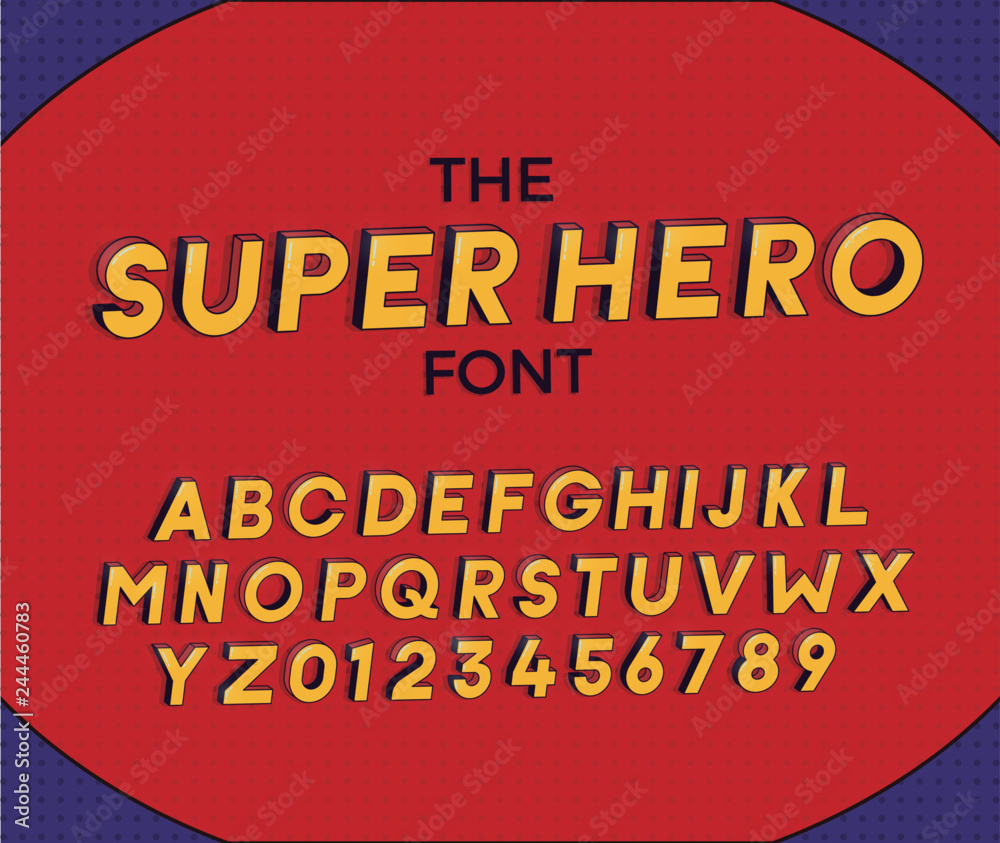 The Super Hero font. Vector illustration 3d design. Letters and numbers ...
