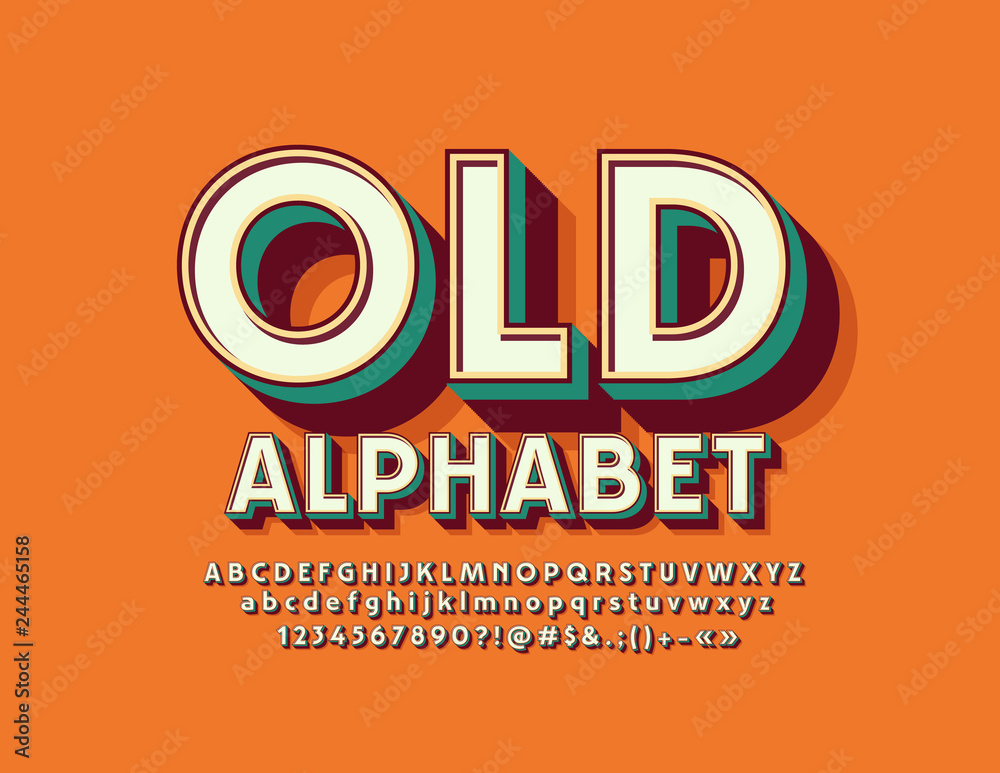 Old classic Font. Vector Retro style 3D Alphabet Letters, Numbers and ...