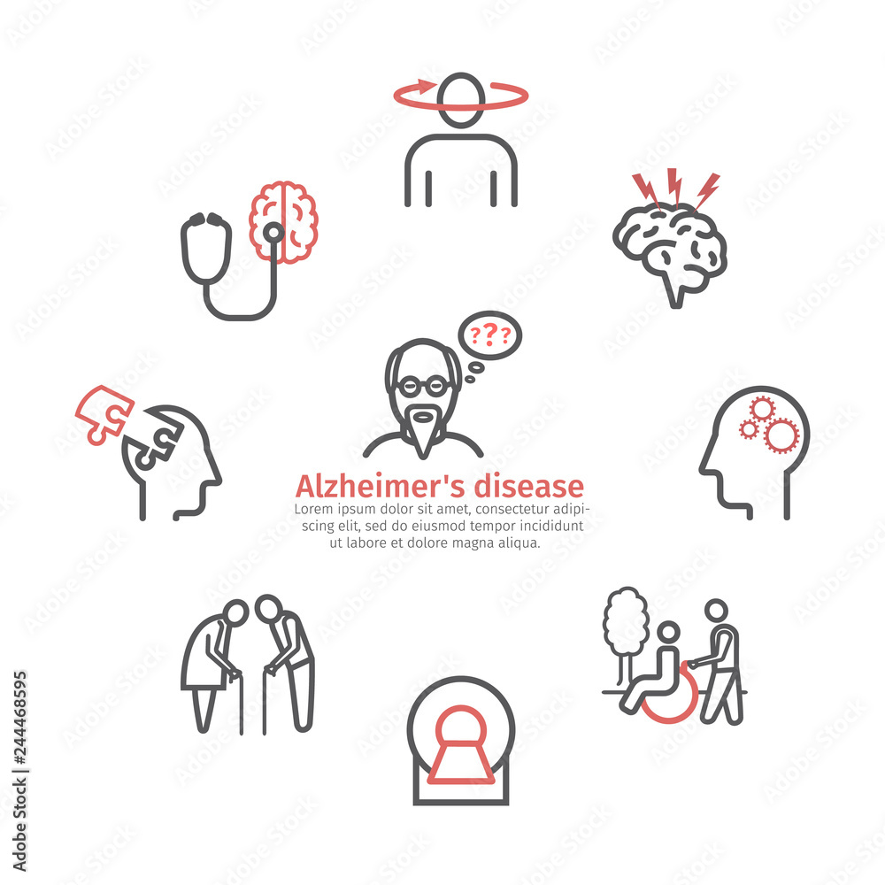Alzheimers Disease And Dementia Banner Symptoms Line Icons Set