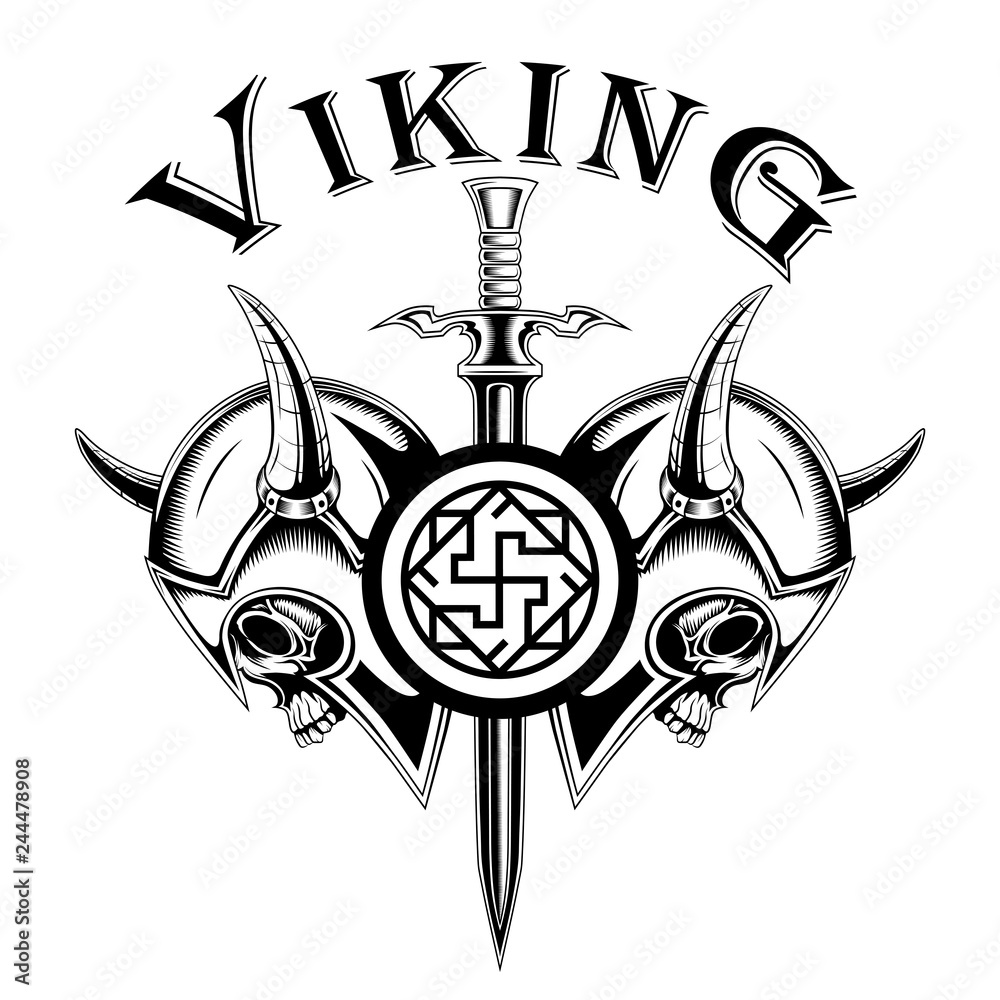 Viking skulls in helmets, sword, valkyrie. Vector image on white background. Stock Vector ...