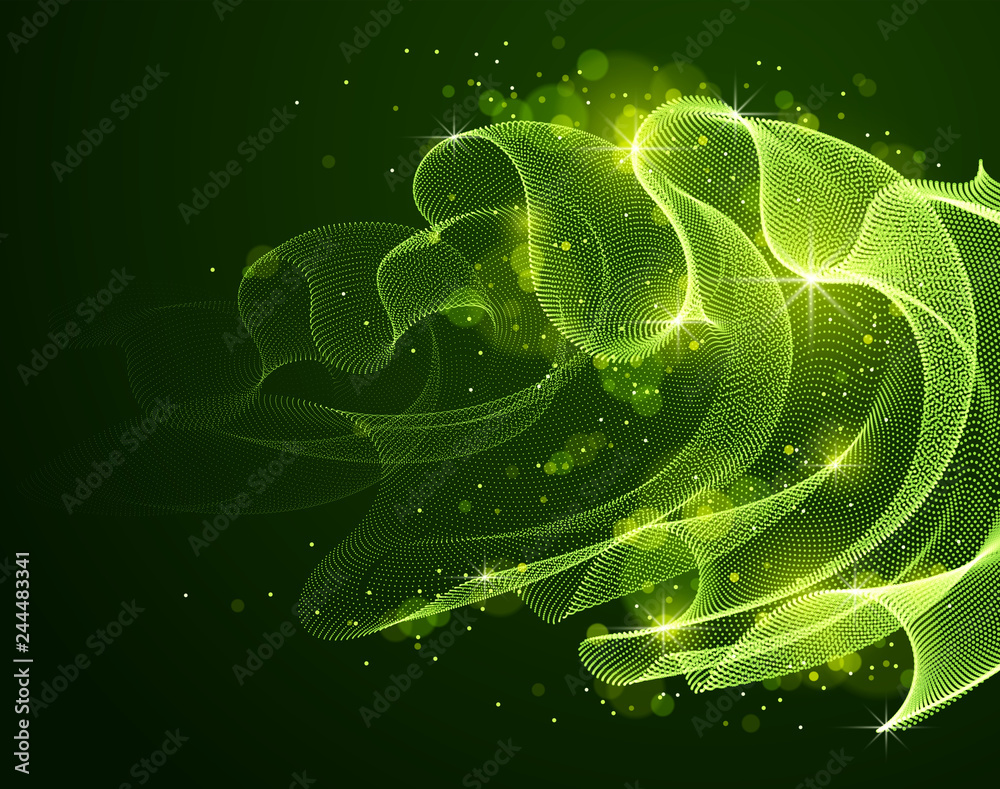 3d magic particles mesh array over dark, sound wave flowing ...