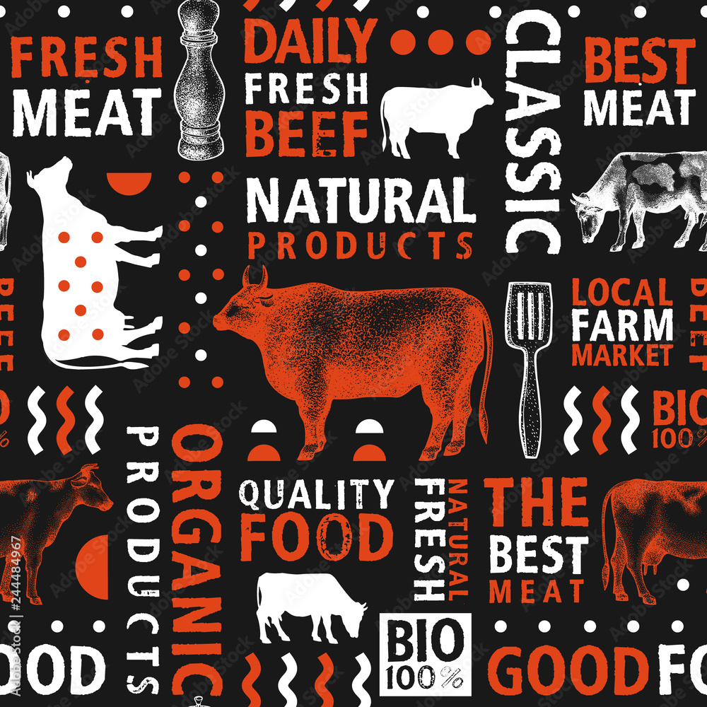 Typographic vector butchery seamless pattern. Graphical bull and cow ...