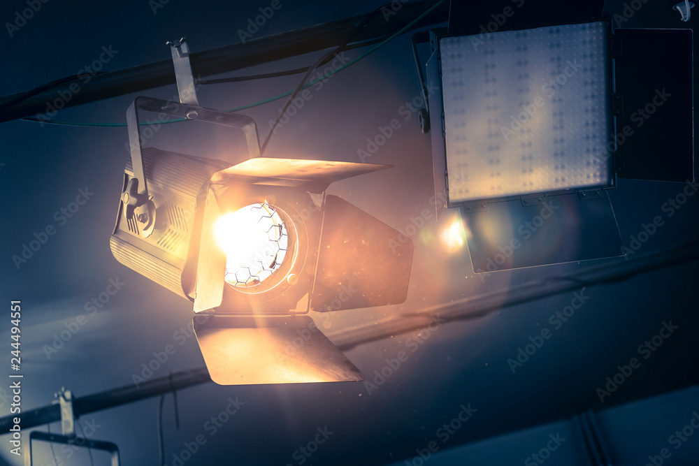 Professional orange studio spotlight in a TV studio. Stock Photo ...