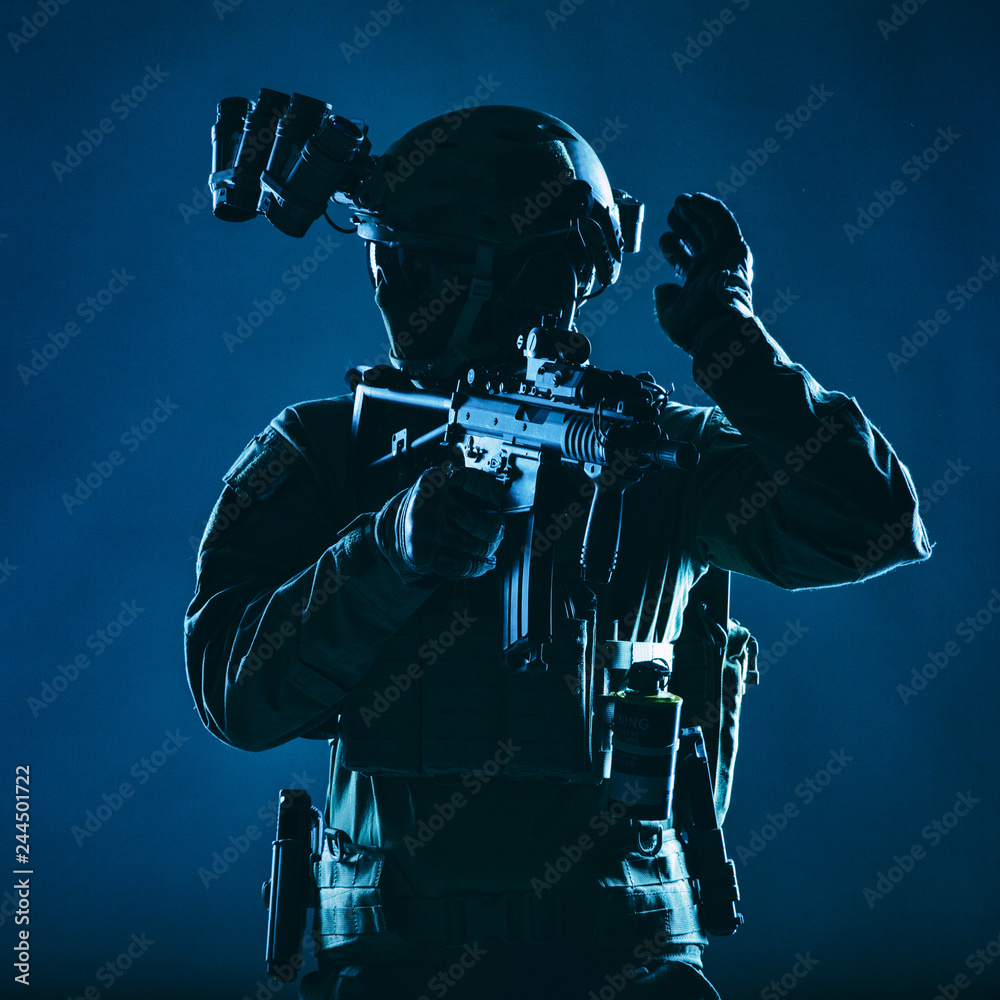 Special operations soldier, SWAT team fighter in mask and glasses ...