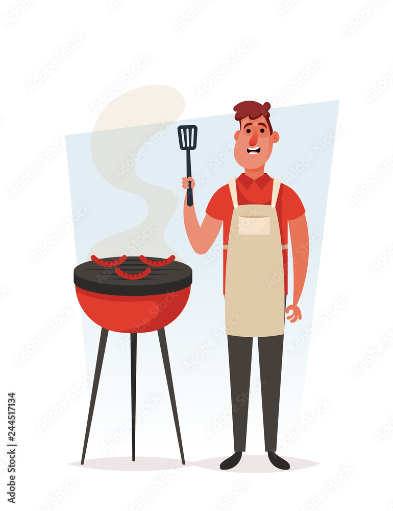 Cute Cartoon Character. Young Man Cooking Sausages on Grill. Vector ...