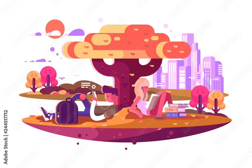 Young students sitting under tree and studying Stock Vector | Adobe Stock