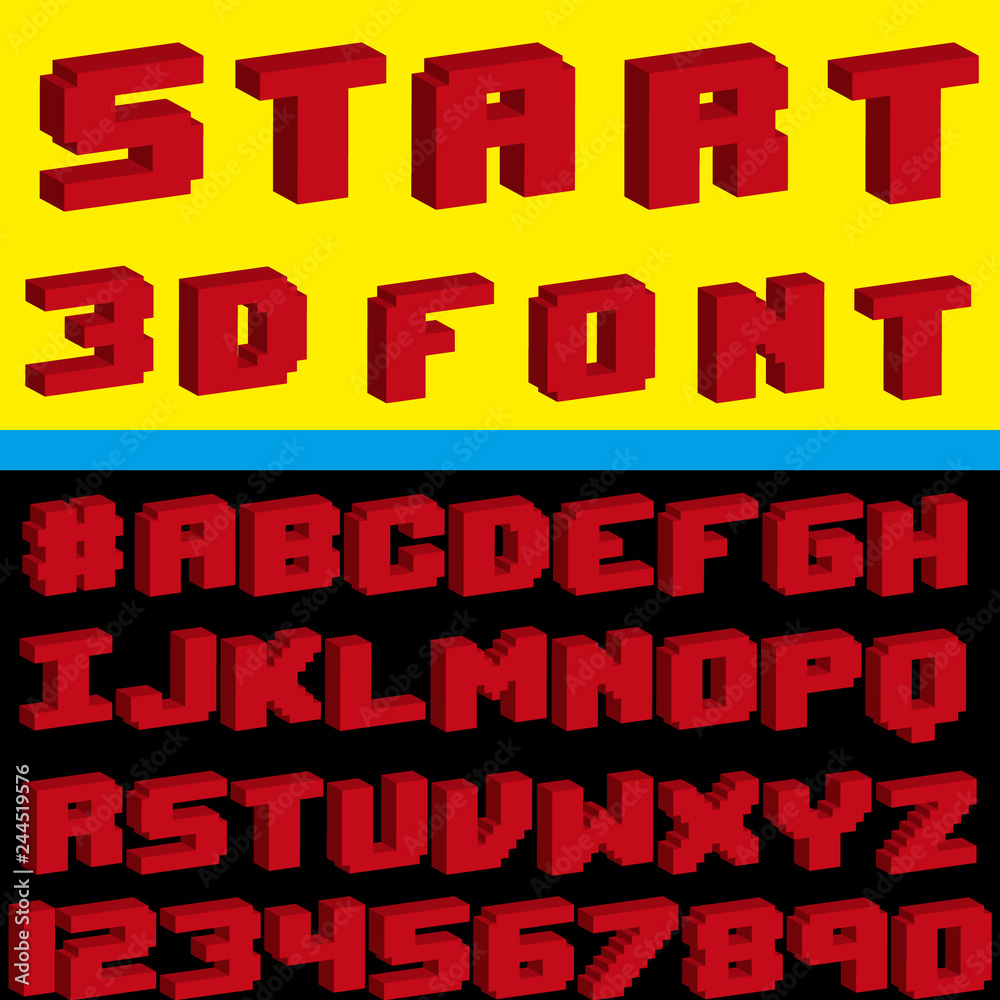 Pixel 3d retro red font Video computer game design 8 bit letters and ...