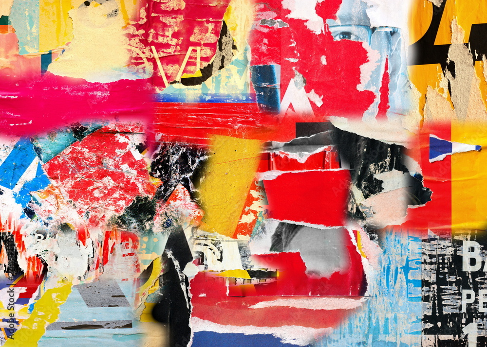 Collage ripped torn posters grunge creased crumpled paper texture ...