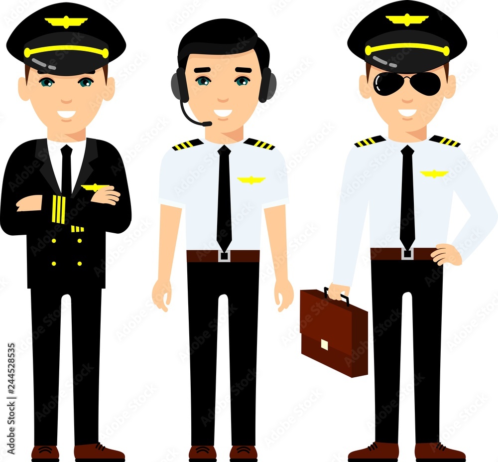 Set of people aviation professions, pilot, captain and airline staff in ...