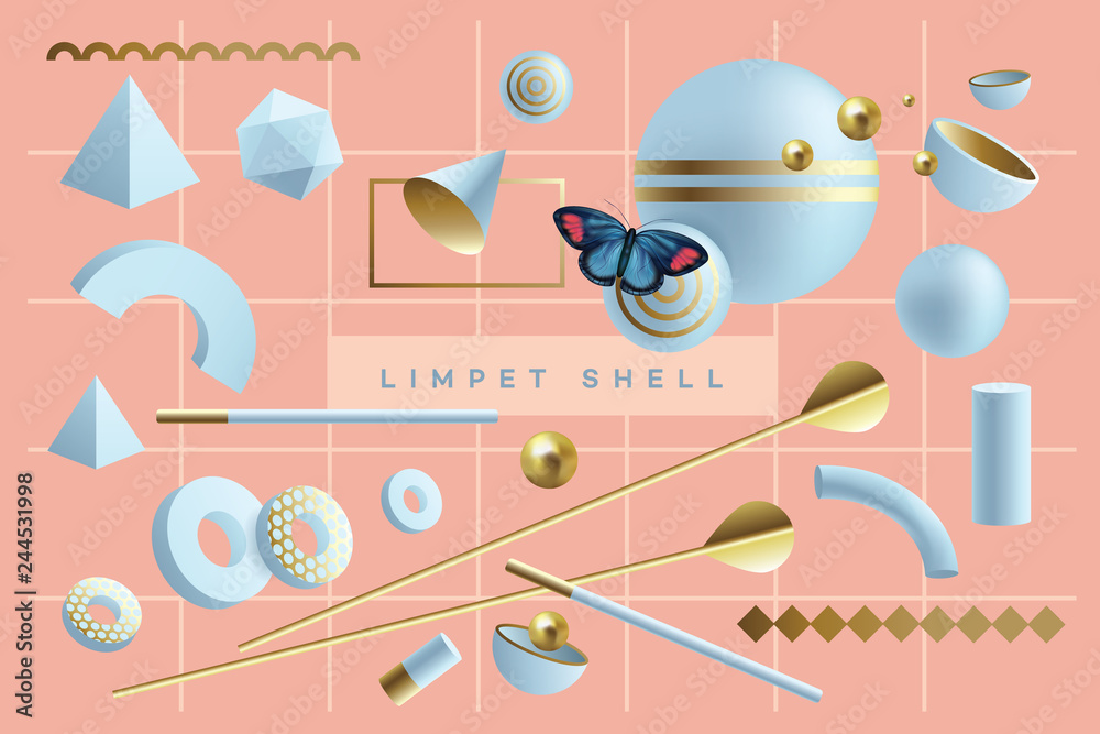 Fun composition of 3d geometric objects in blue and golden color ...