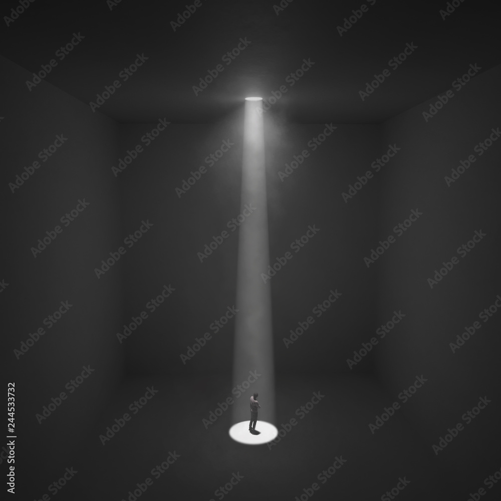 man stands under the ray of light in a dark room Stock Illustration ...