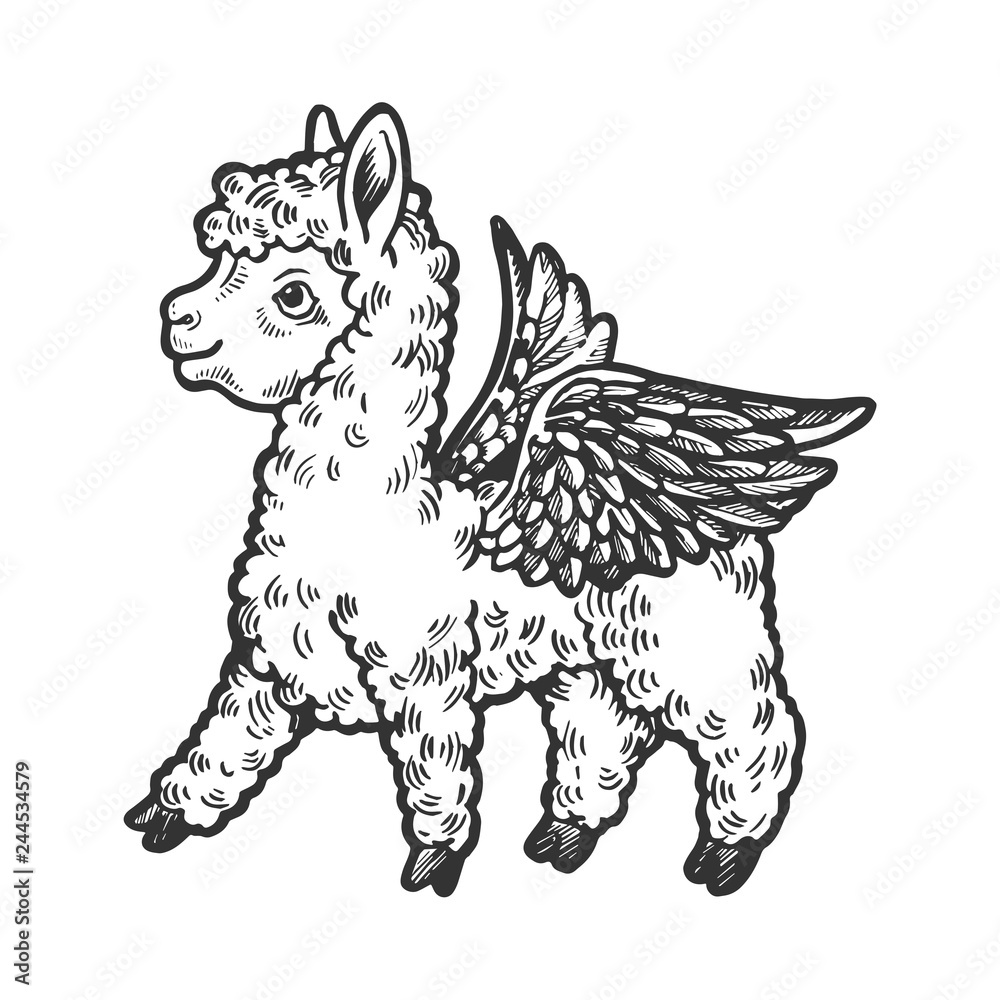 Angel flying baby little llama engraving vector illustration. Scratch ...