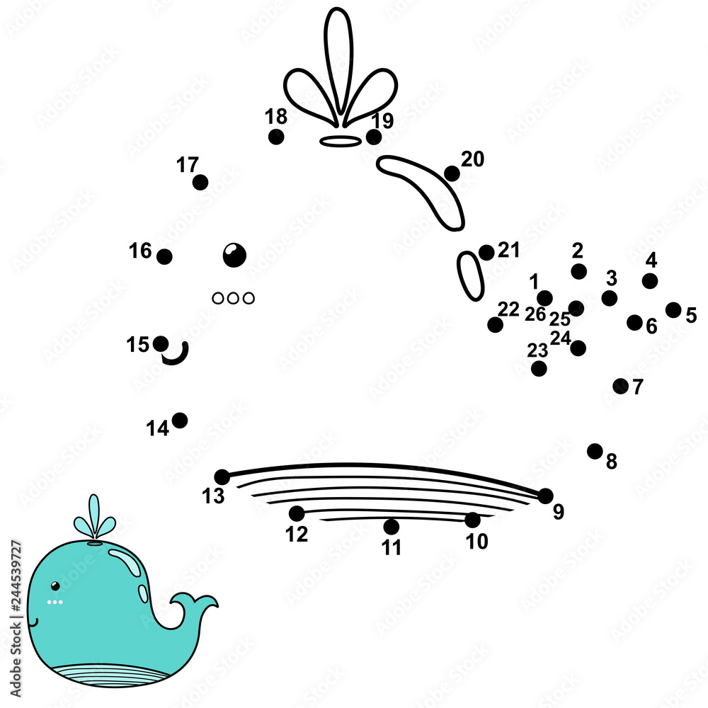 Connect the dots and draw a cute whale. Numbers game for children ...