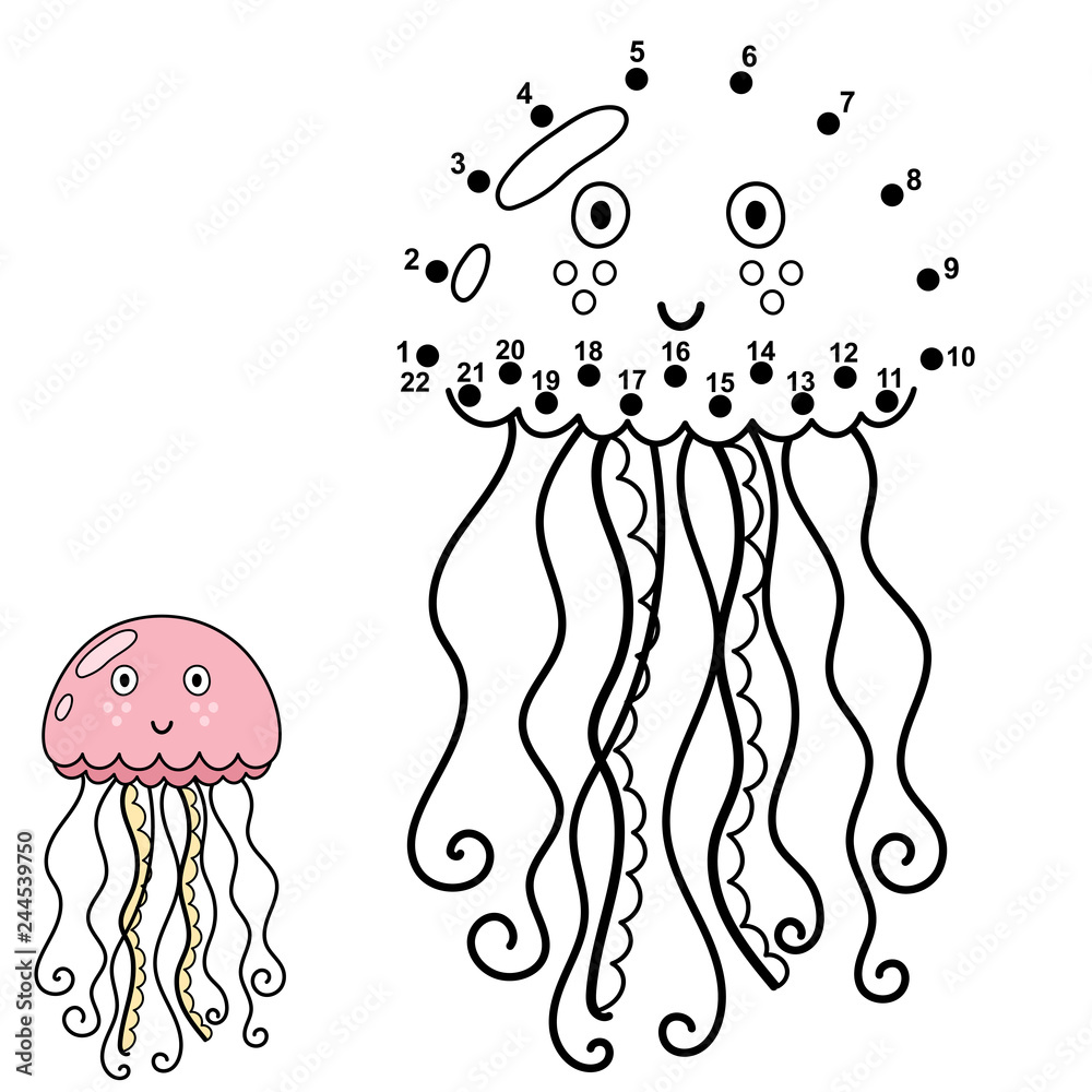 Vetor de Connect the dots and draw a cute jellyfish. Numbers game for ...