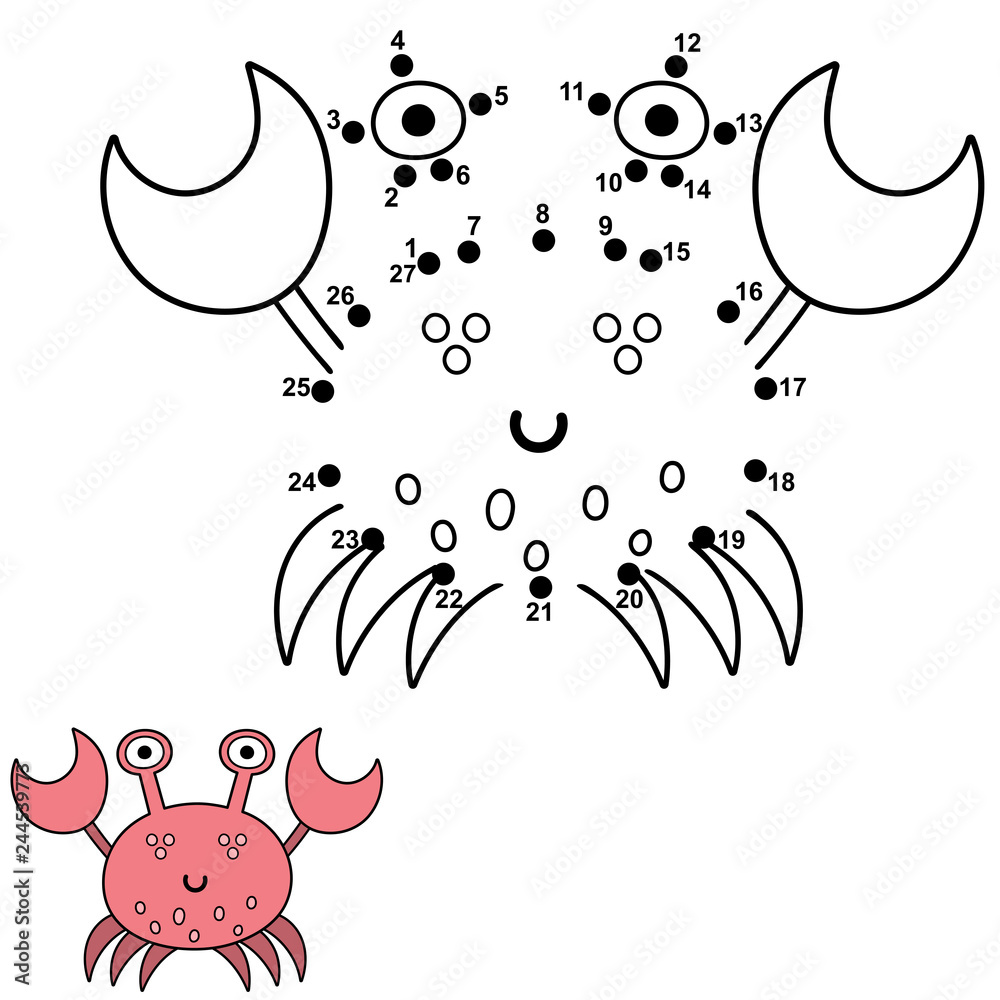 Vetor de Connect the dots and draw a cute crab. Numbers game for ...