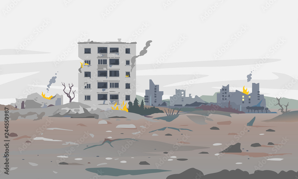 Destroyed city concept landscape background illustration, building ...