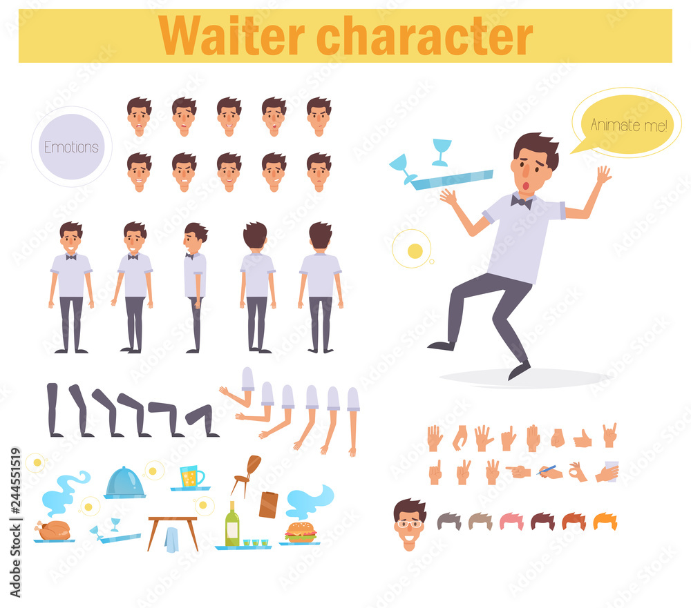 Waiter for animation. Poses front, rear, side, three quarter. Creation ...