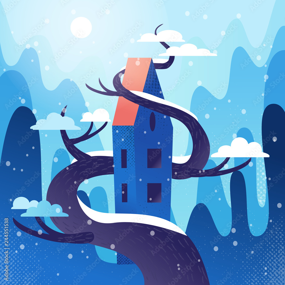 Fabulous house with roof, intertwined with tree on mountains,hills ...