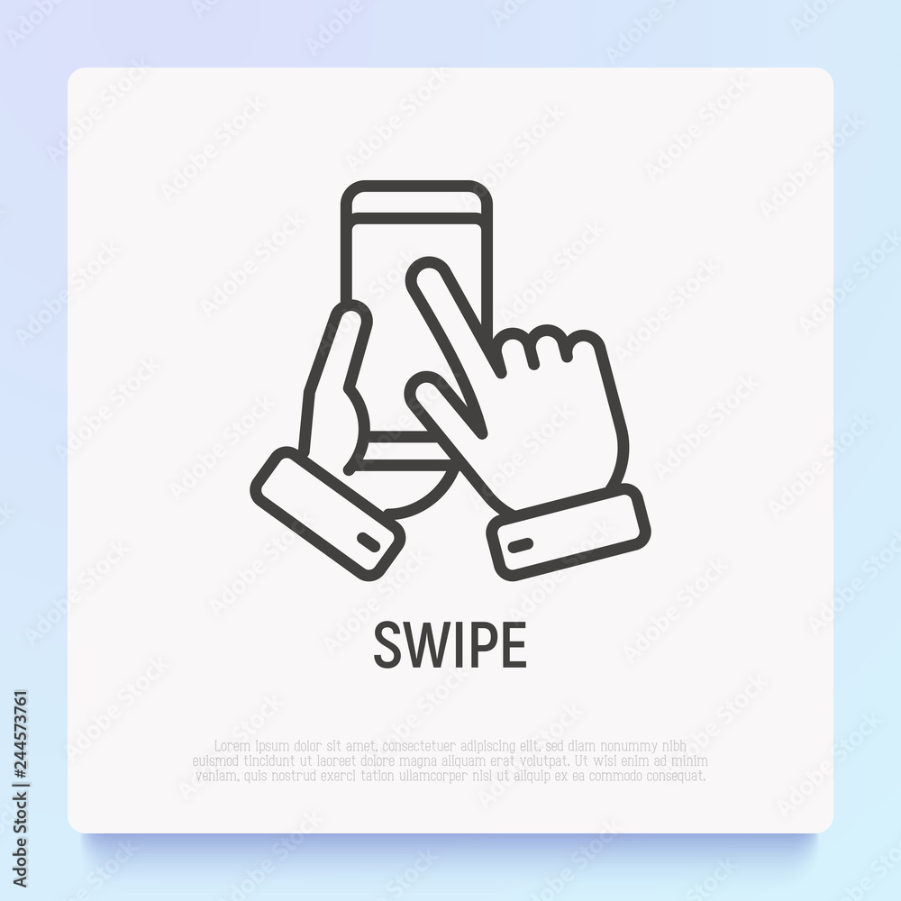 Swipe by hand on mobile phone thin line icon. Modern vector ...
