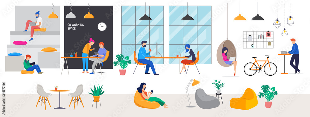 Co-working space, concept illustration. Young people working on laptops ...
