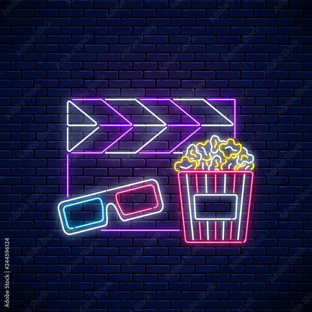 Neon sign of cinema night. Cinema time neon logo, signboard, banner ...