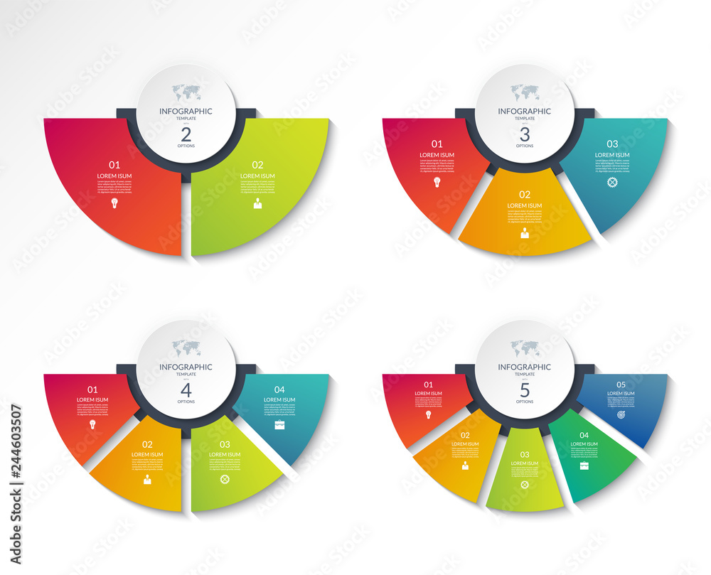 Set of business infographic semi circle templates with 2, 3, 4, 5 ...