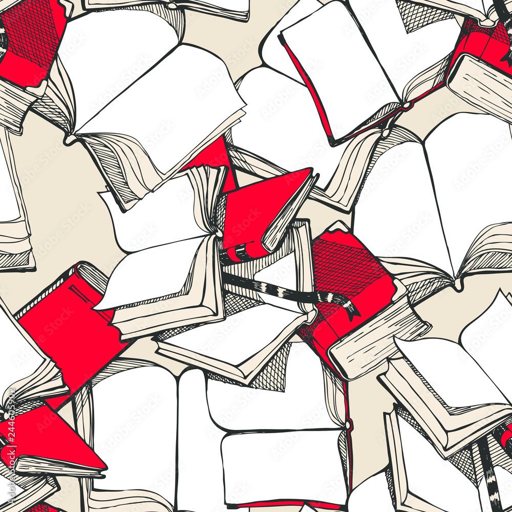 Hand drawn red opened books seamless pattern. Colored sketch style ...