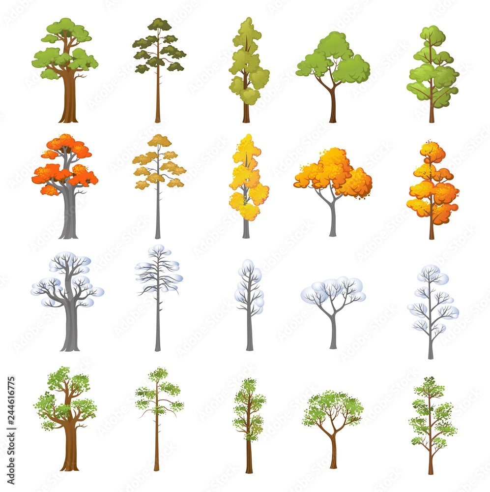 Set of different trees with seasonal design. Cartoon trees in snow and ...