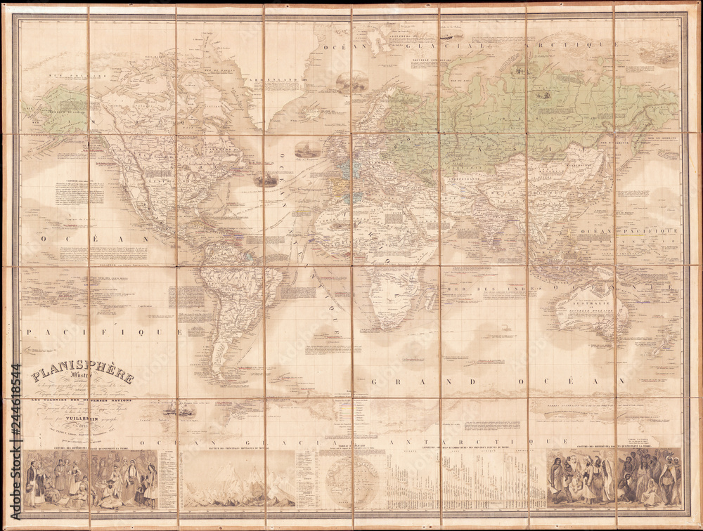 1857, Vuillemin Case Map of the World on Mercator's Projection ...