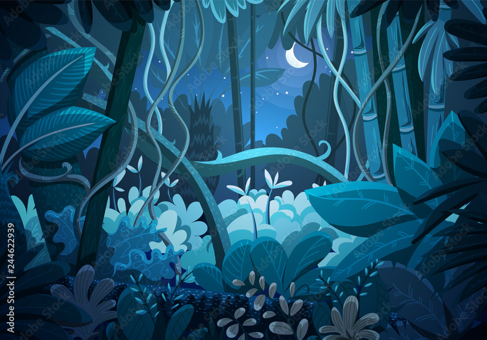 Vector illustration of tropical jungle background. Landscape at night ...