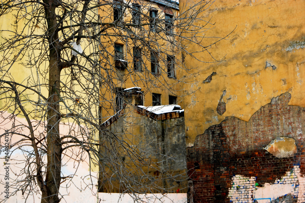 Slum and ghetto street view in winter time and snow weather with ...