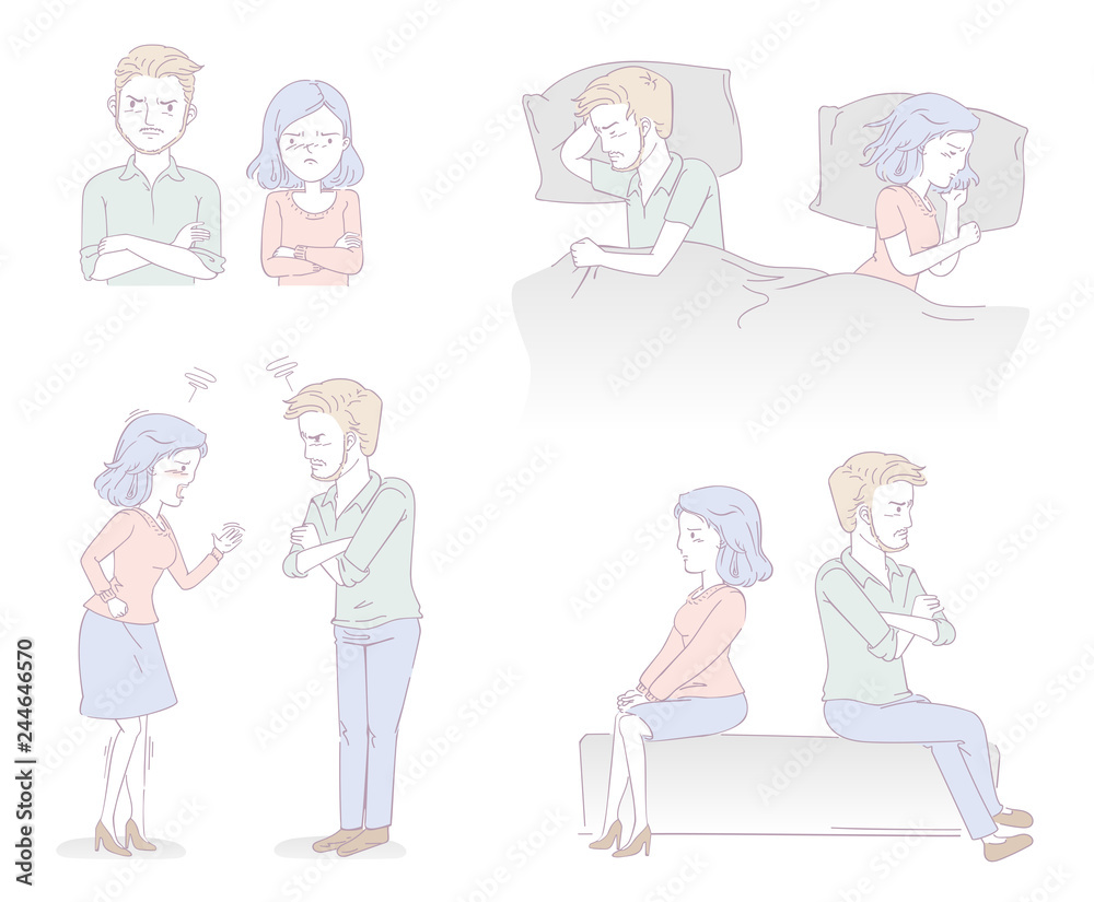 Quarrel Angry couple set. Woman Man Brawl. The couple are quarreling ...