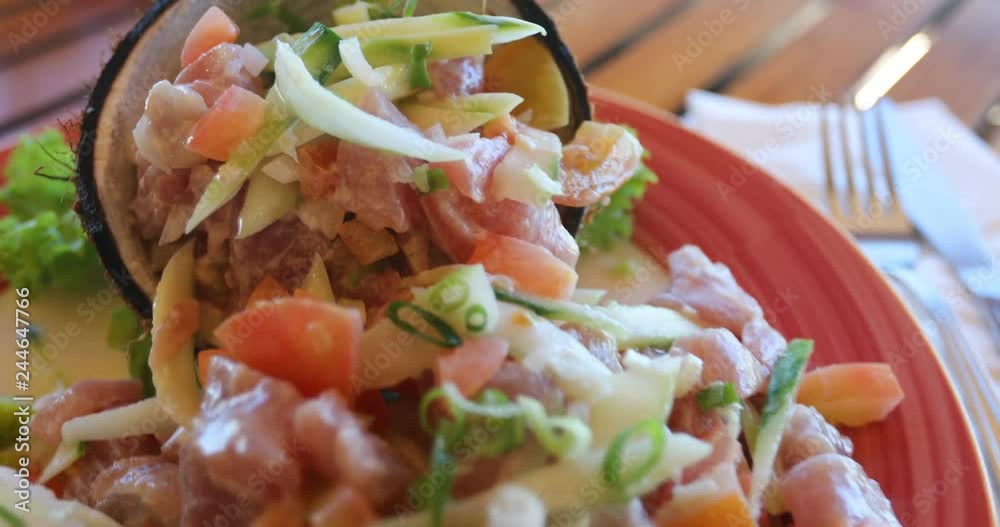 Local food Tahiti. Typical raw fish dish called Poisson Cru, aka Ota ...