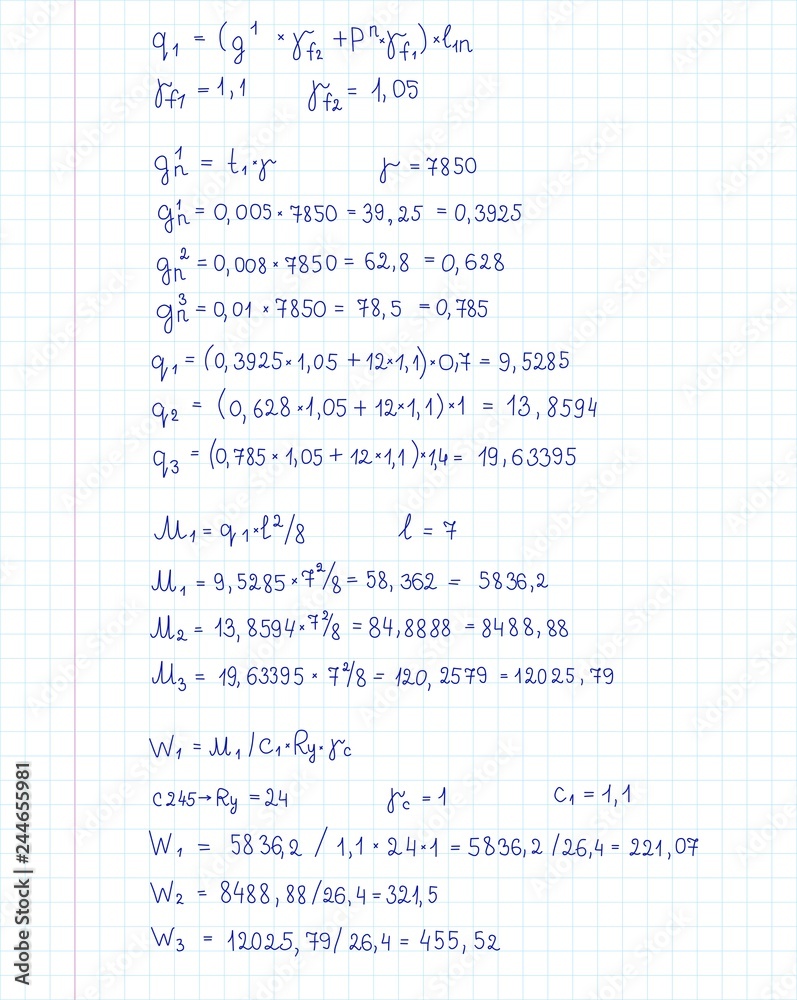 Engineering and mathematics equation and calculations handwritten on ...