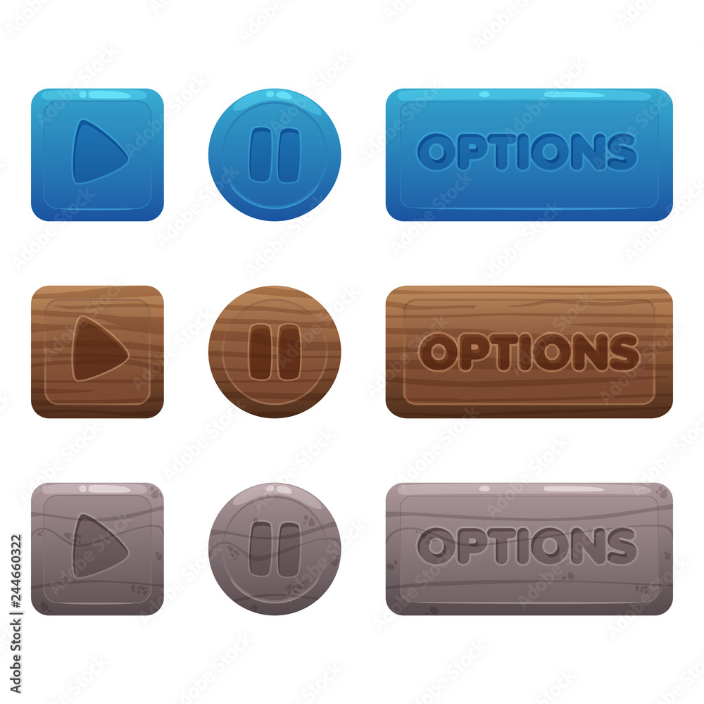 Essential interface buttons isolated on white background for game user ...