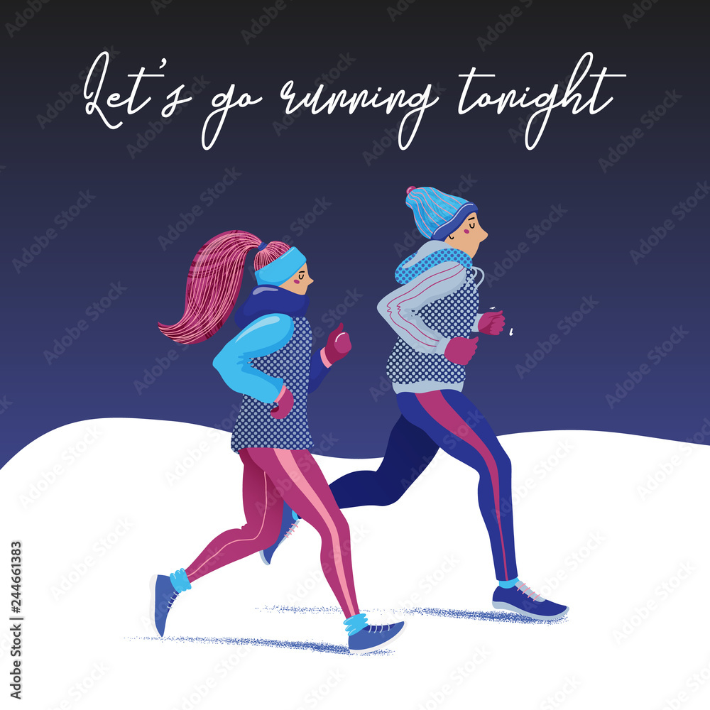 Young couple, man and woman running together in winter park, flat ...