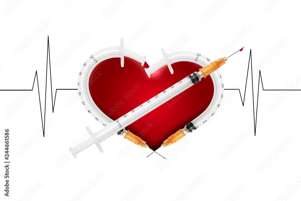 Heart made by syringes, isolated on white background. Vaccination saves ...