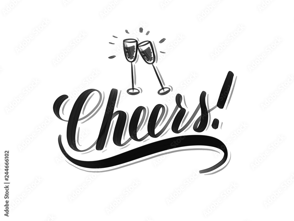 Cheers inscription with hand drawn wine glasses on isolated on white ...
