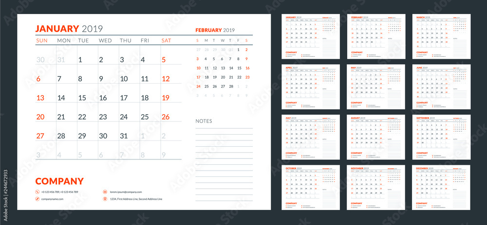 Calendar planner for 2019 year. Week starts on Sunday. Set of 12 months ...