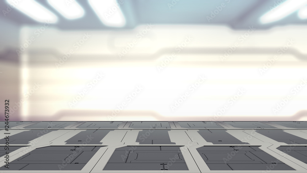 3d illustration of sci fi lab table with Blur sci-fi Background 3d ...